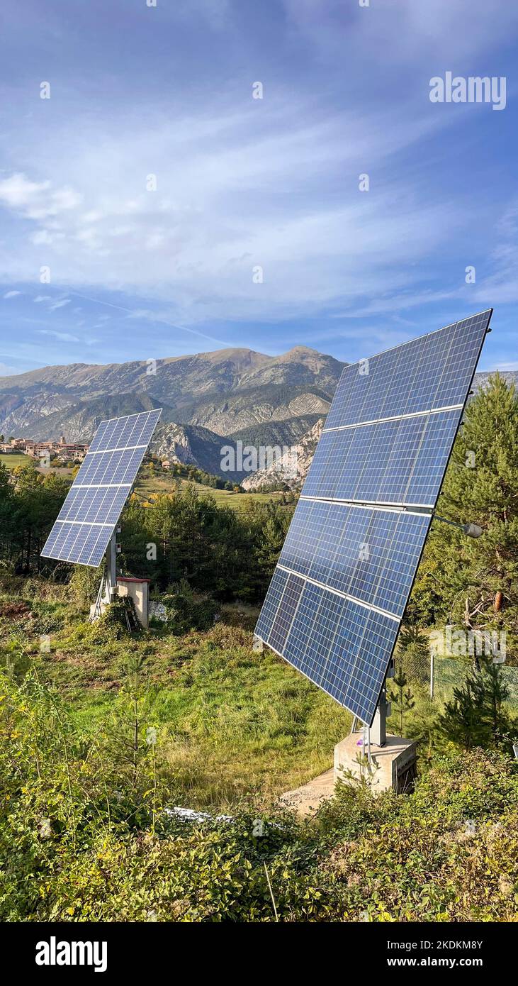 Solar panels in the Sierra del Cadí in the foothills of the Pedraforca ...