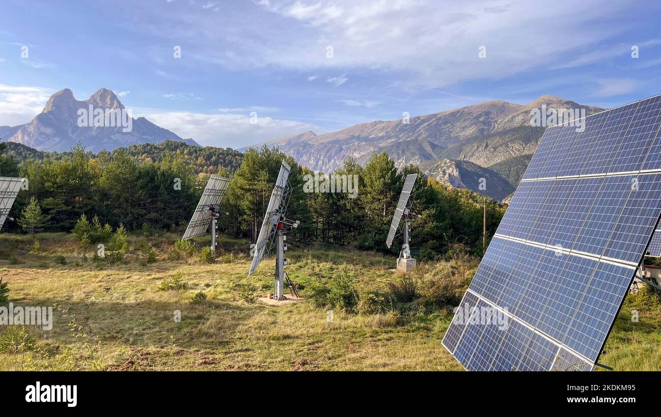 Solar panels in the Sierra del Cadí in the foothills of the Pedraforca ...