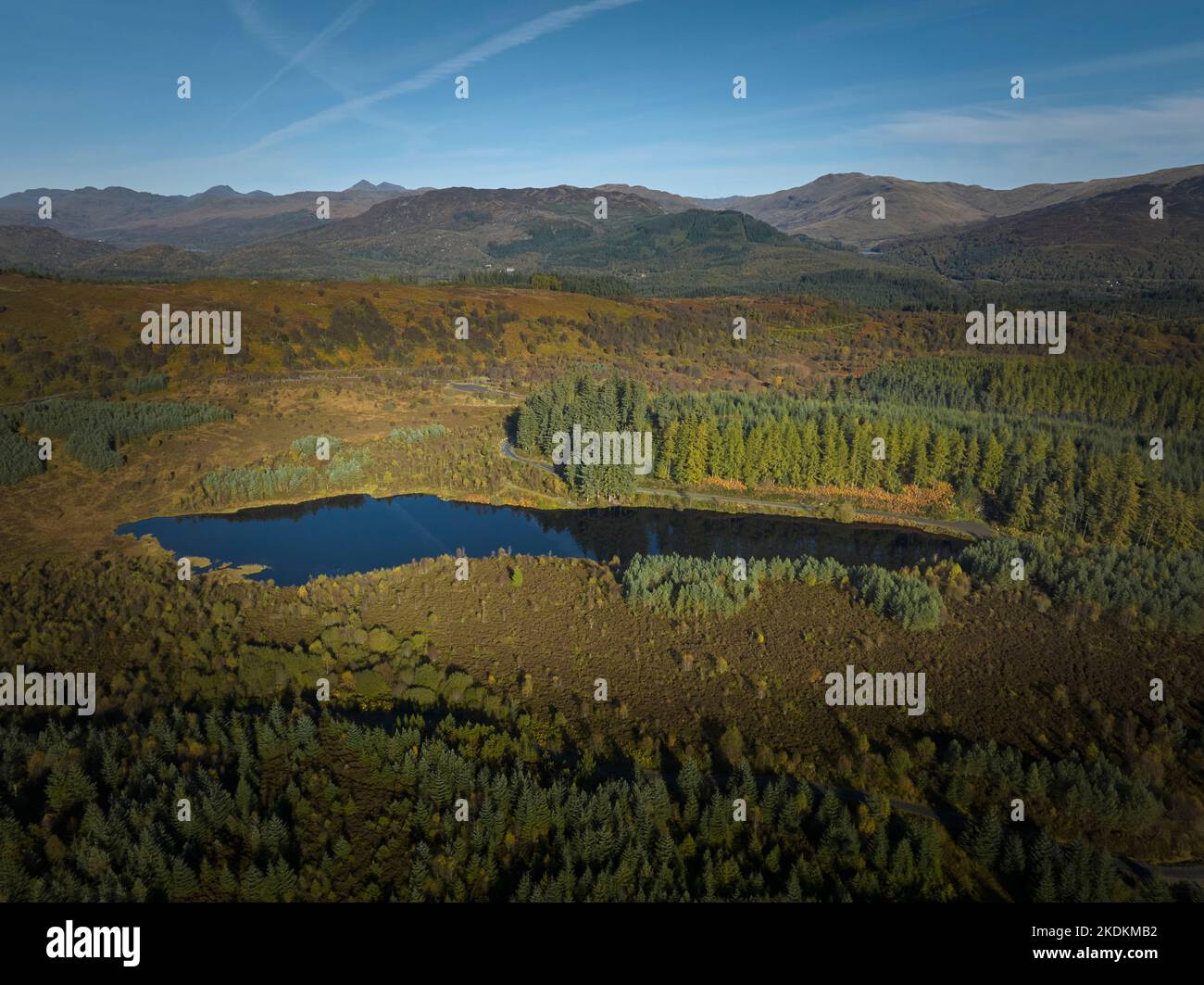 Aerial view of Lochan Reòidhte and the Duke's Pass in the Trossachs on ...