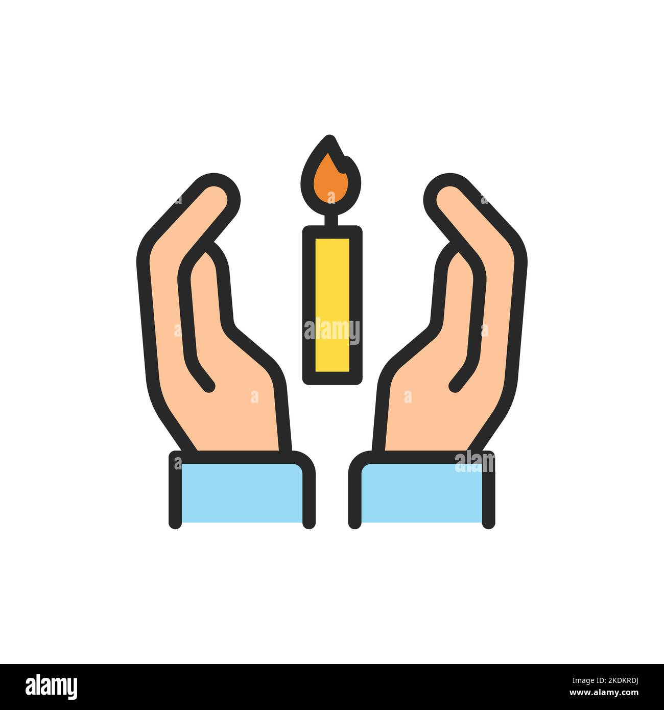 Hands holding condolence candle color line icon. Isolated vector ...