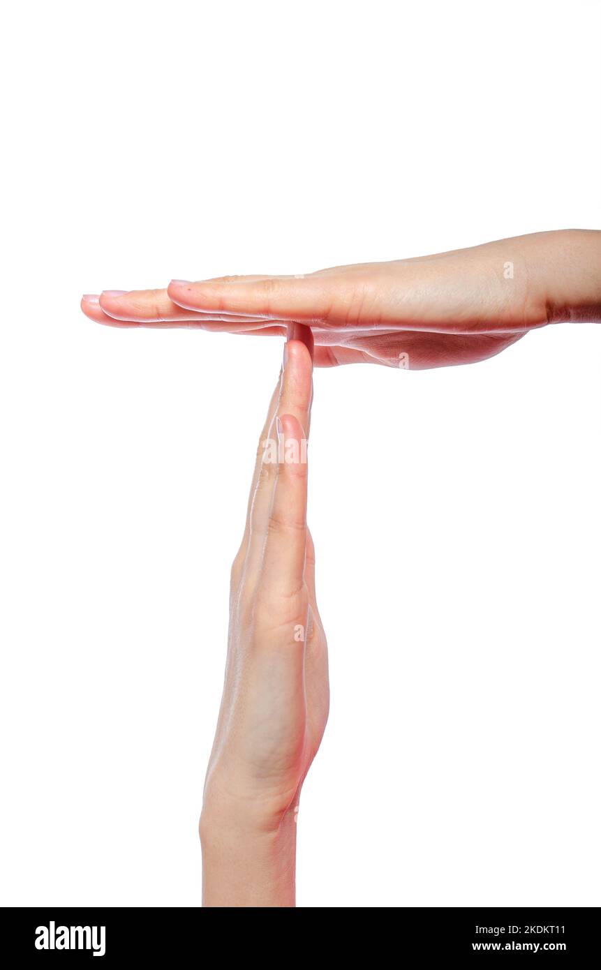 Female hands show timeout sign isolated on white Stock Photo - Alamy