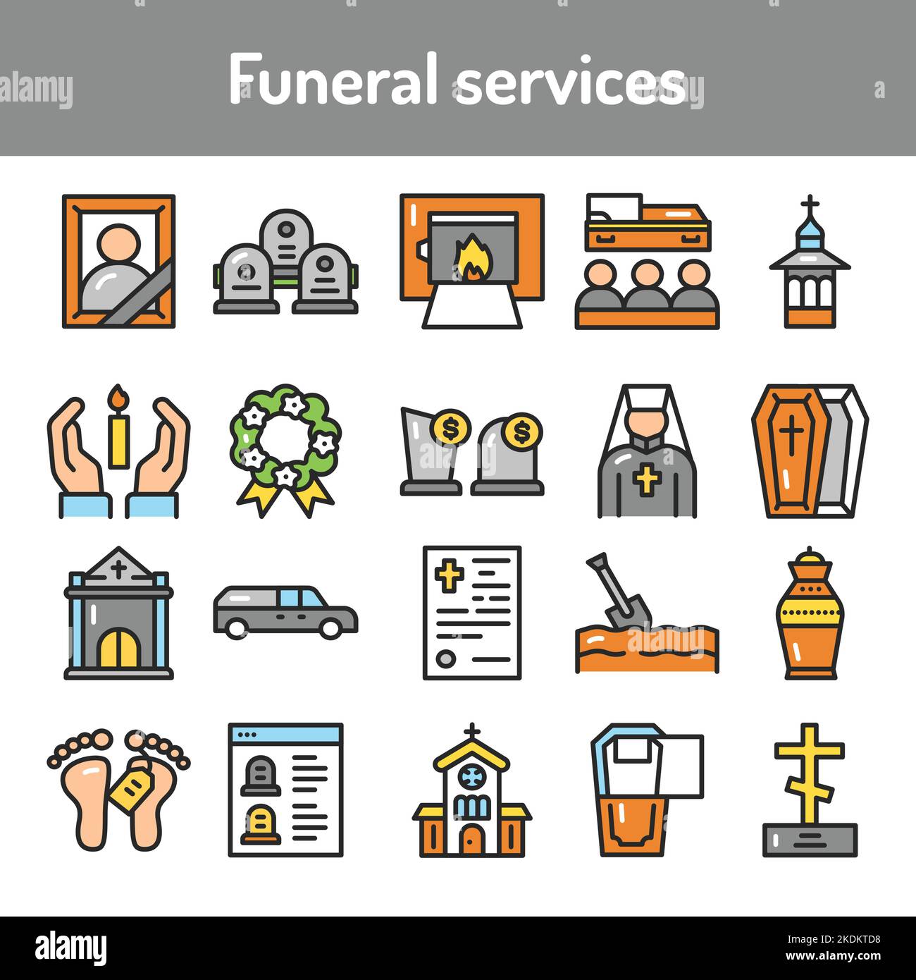 Funeral services color line icons set. Isolated vector element Stock ...