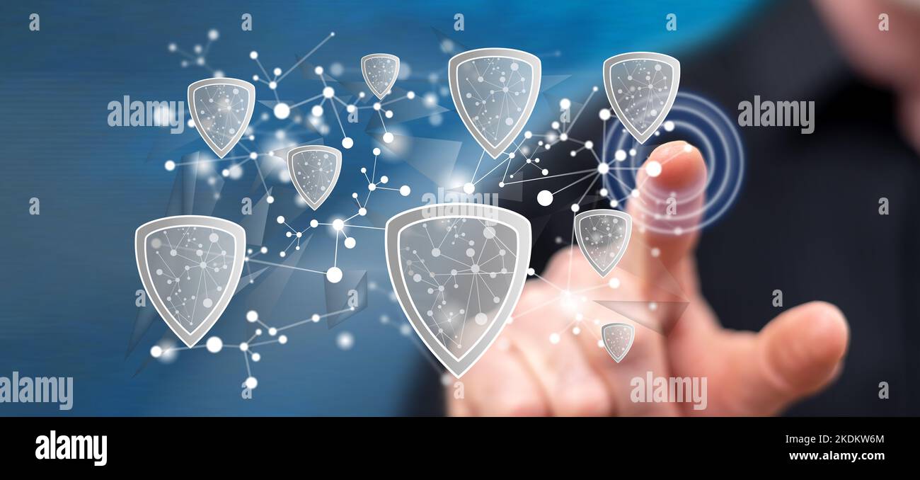 Man touching a network security concept on a touch screen with his ...