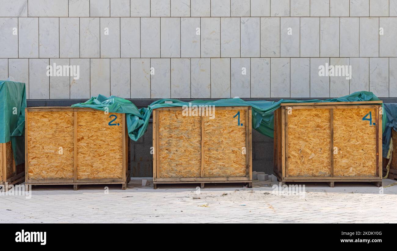 Three Large Cargo Transport Boxes Pallets With Heavy Load Stock Photo ...