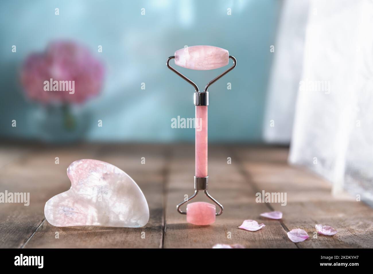 Rose quartz gua sha massage scraper and face massage roller. Anti-aging ...