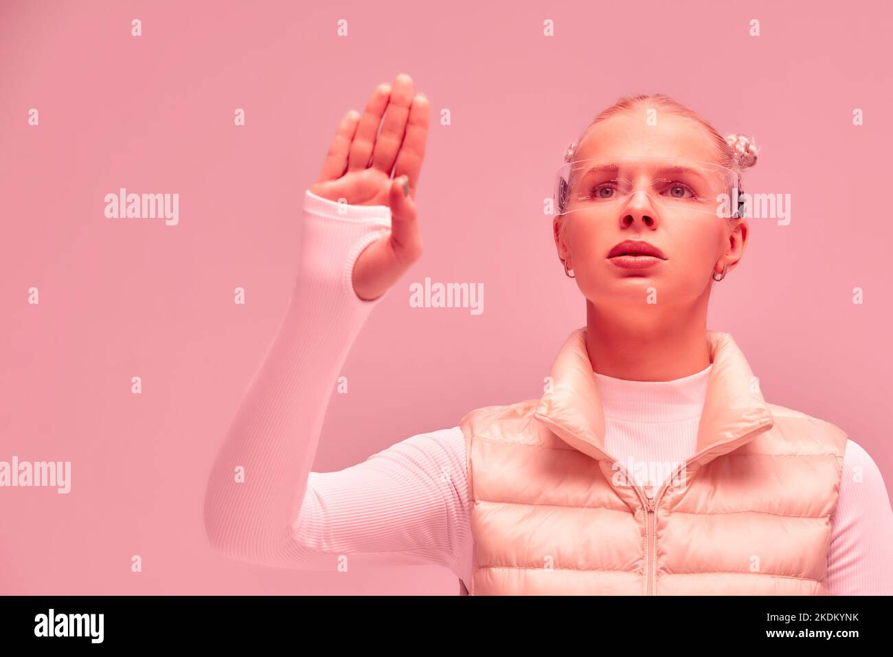 Smart glasses and augmented reality concept. Woman wearing modern ...