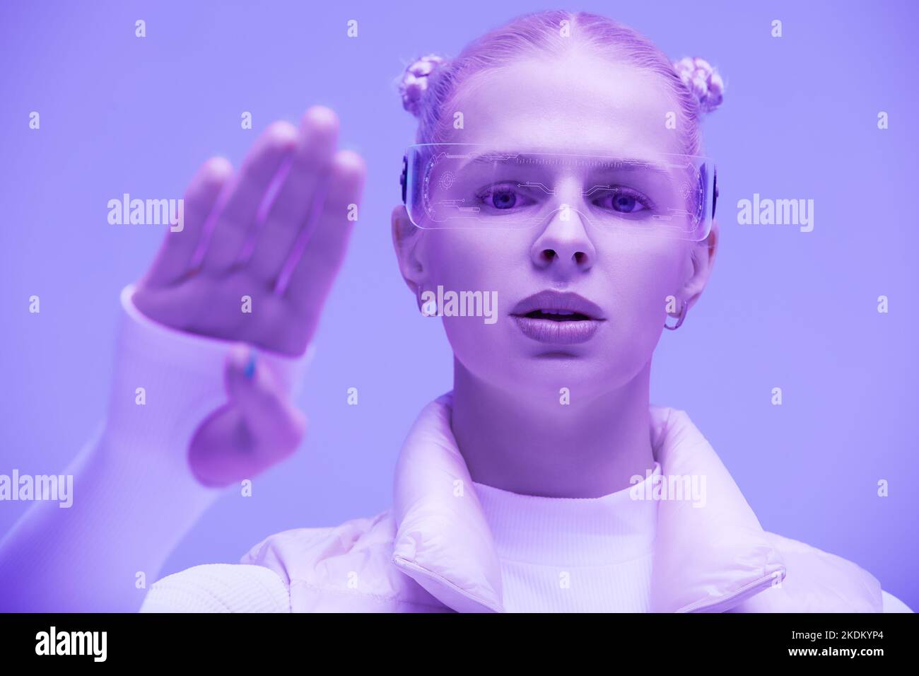 Smart glasses and augmented reality concept. Woman wearing modern ...