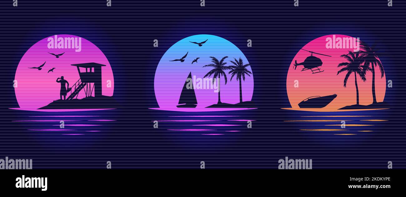 Vector Synthwave Graphics. Beaches, yachts and surfing. Miami ...