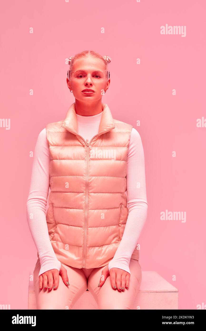 Smart glasses and augmented reality concept. Woman wearing modern ...