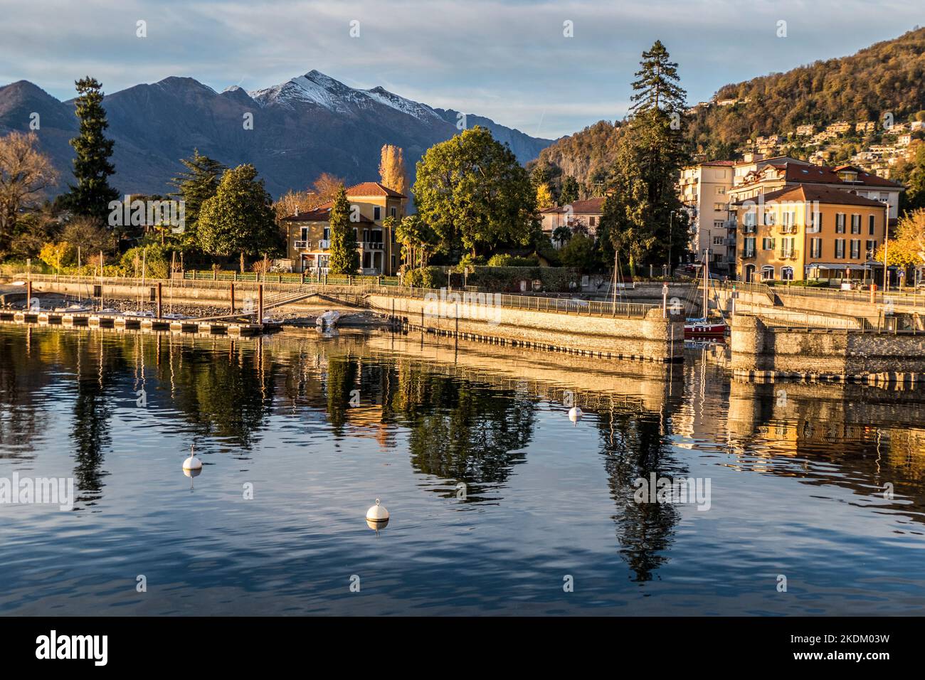 Aerial view of Maccagno with plants that are reflecting in the Lake ...