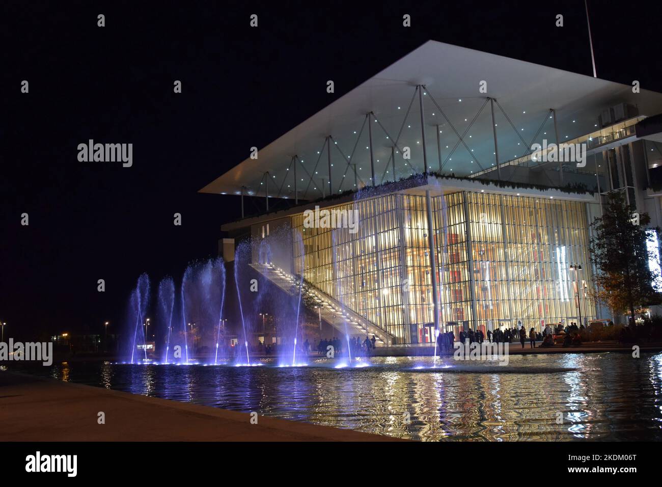 SNFCC (Stavros Niarchos Foundation Cultural Centre). Colored fountain ...
