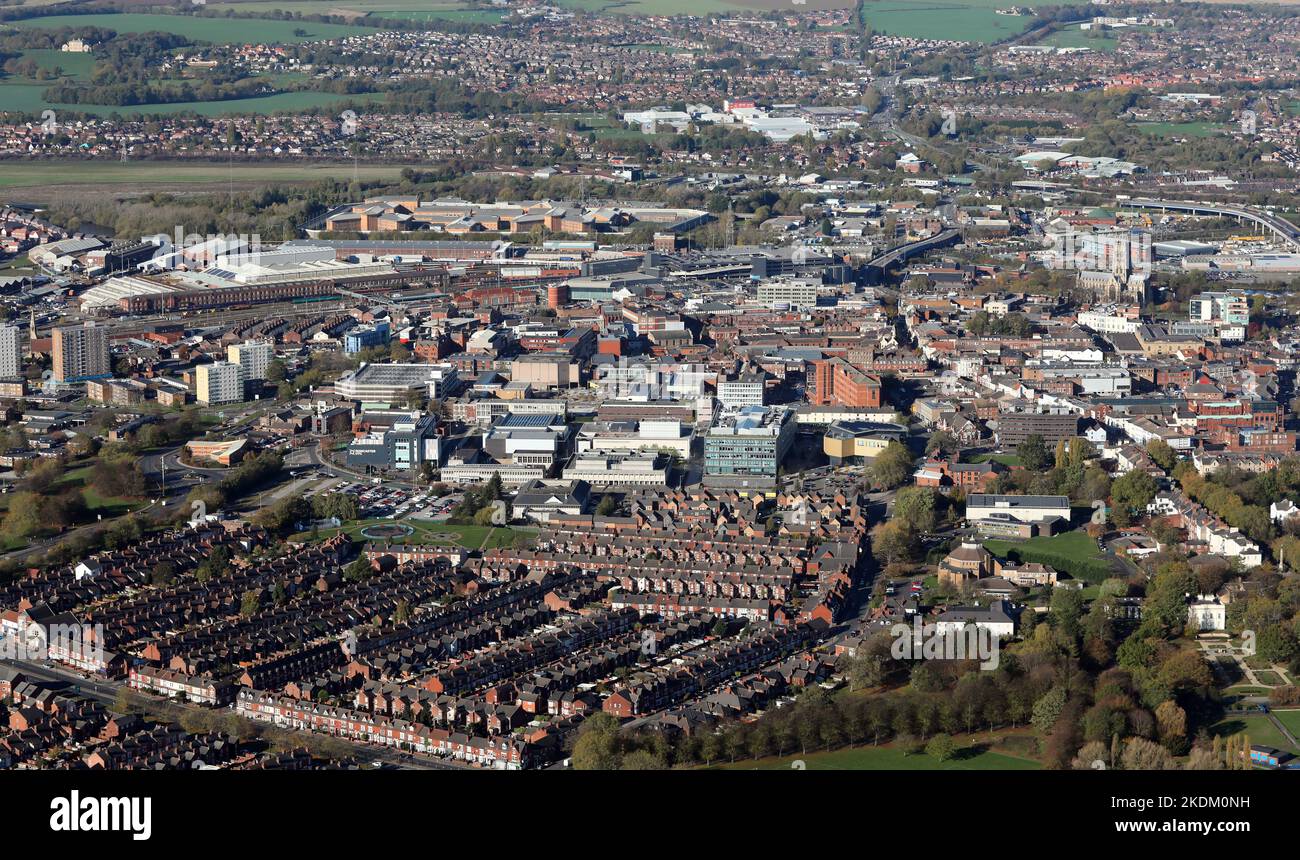 aerial view of Doncaster city centre viewed from the South looking ...