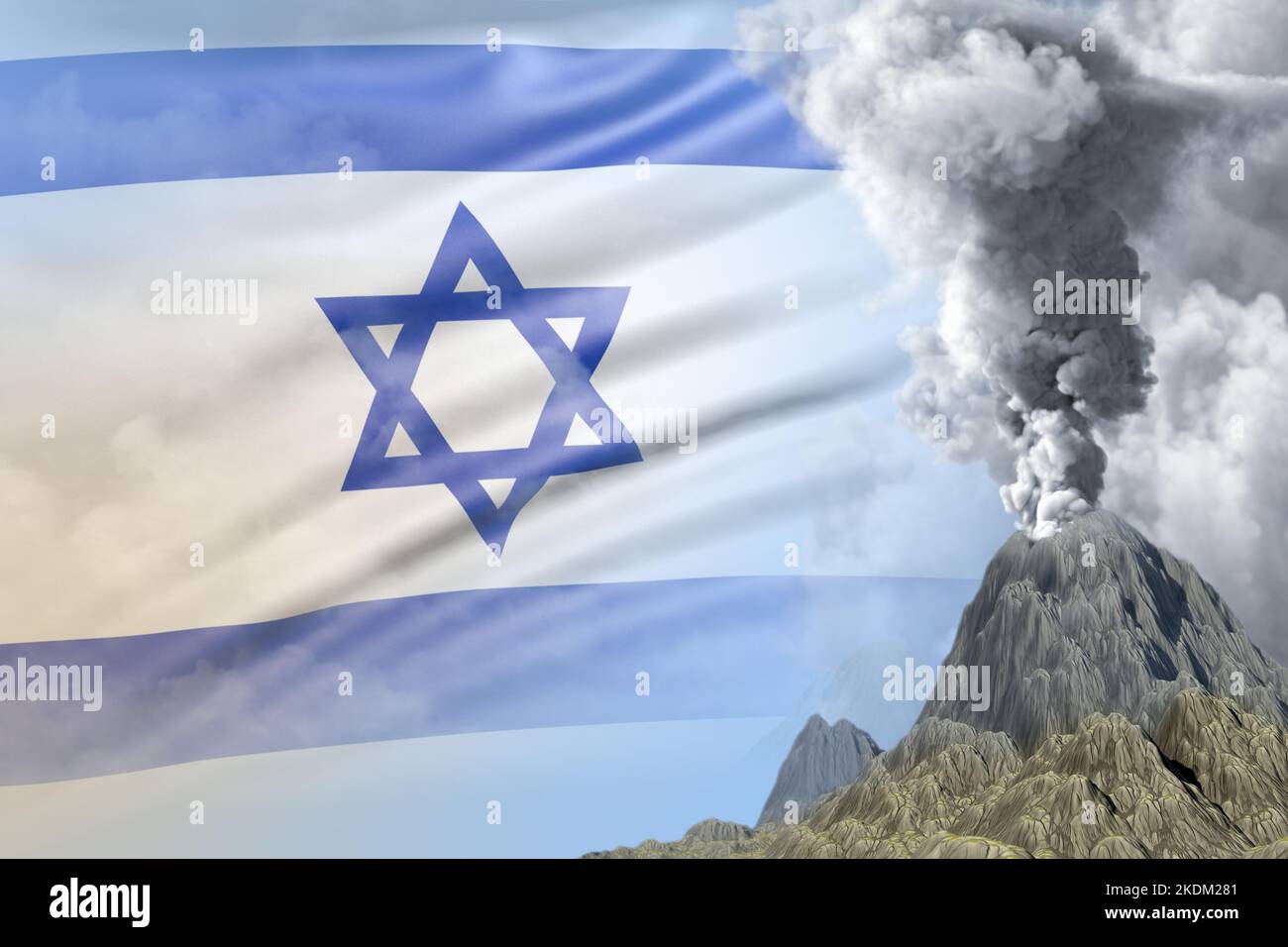 conical volcano blast eruption at day time with white smoke on Israel ...