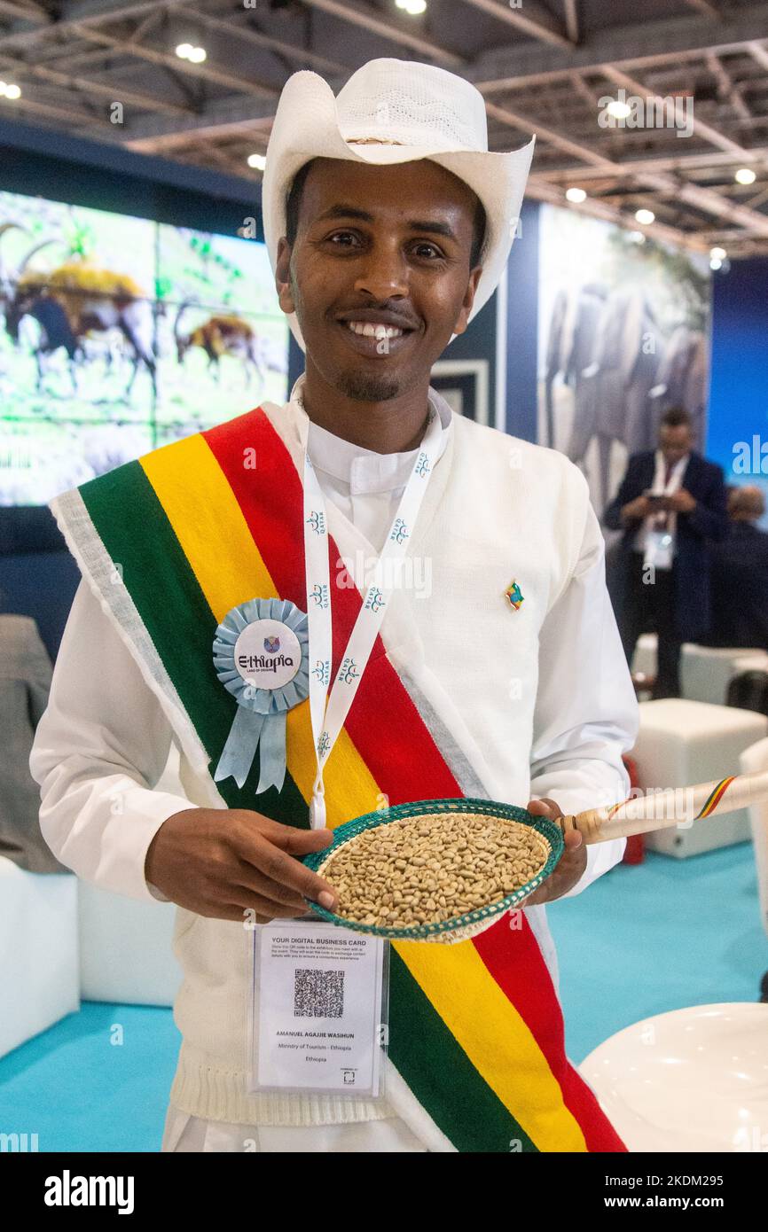 7th November 2022, London. Ethiopian in traditional wear with coffee ...