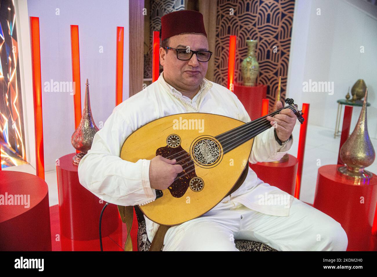 7th November 2022, London. An oud player on teh Moroccan stand ...