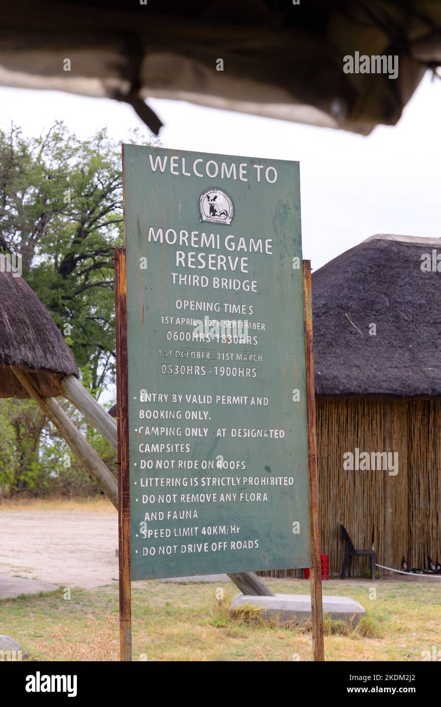 Entrance sign at Third Bridge gate; Moremi Game Reserve, Okavango Delta ...