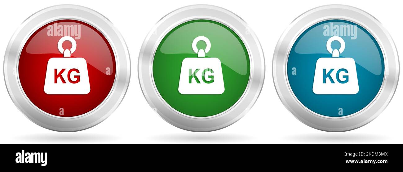 Weight, kg, kilogram vector icon set. Red, blue and green silver ...