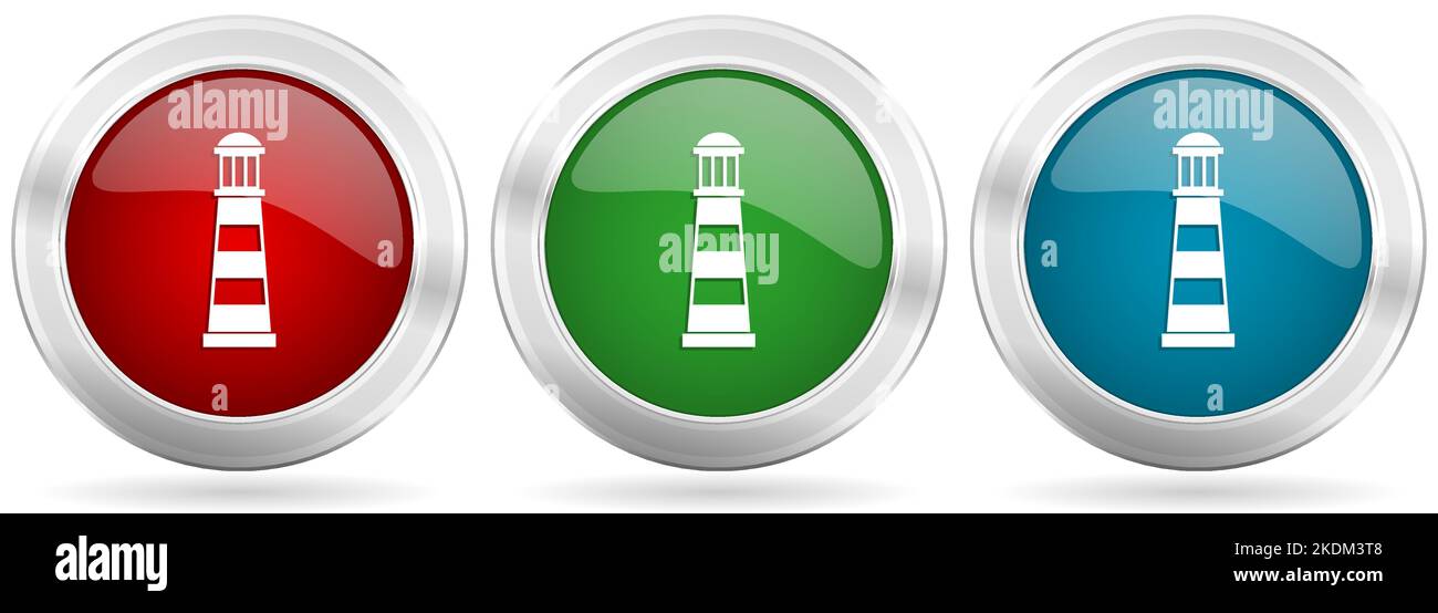 Lighthouse, navigation, sea vector icon set. Red, blue and green silver ...