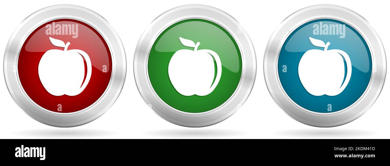 Apple vector icon set. Red, blue and green silver metallic web buttons ...