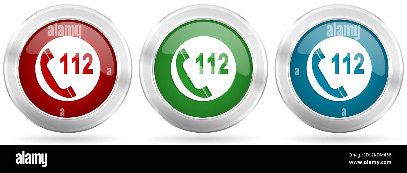Emergency call vector icon set. Red, blue and green silver metallic web ...