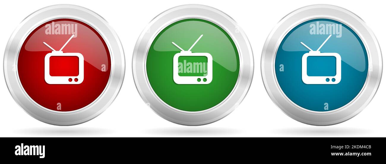 Tv vector icon set. Red, blue and green silver metallic web buttons ...