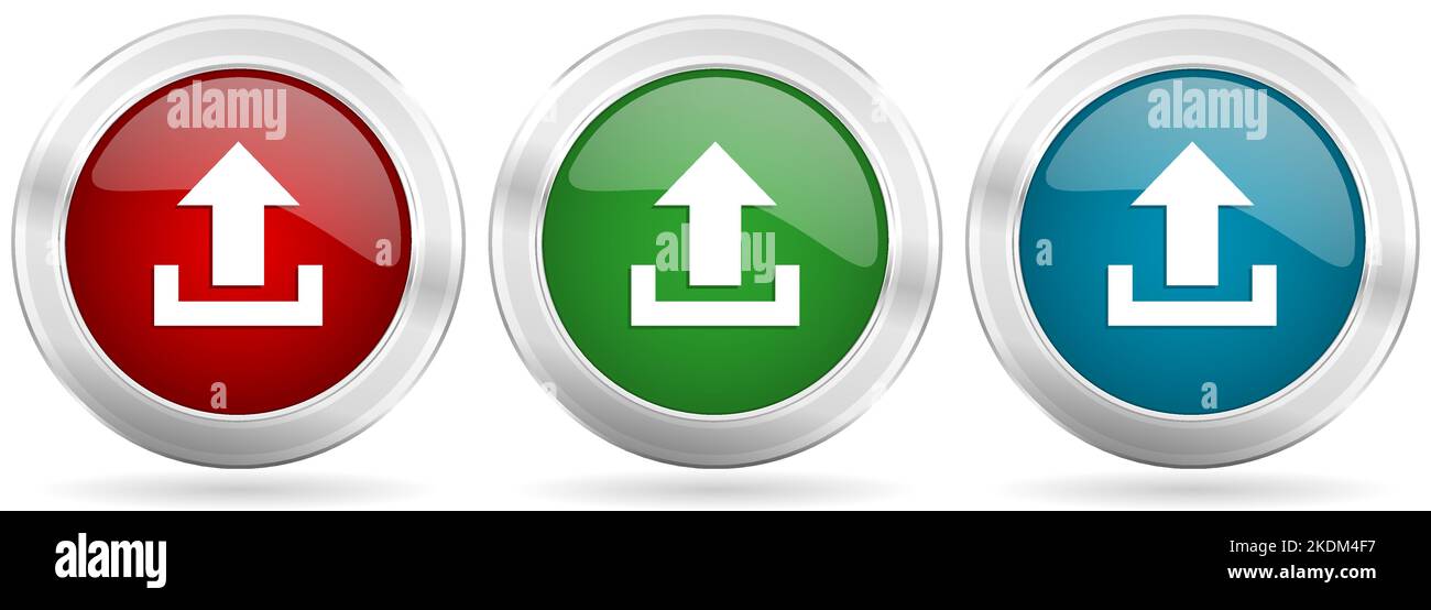 Upload vector icon set. Red, blue and green silver metallic web buttons ...