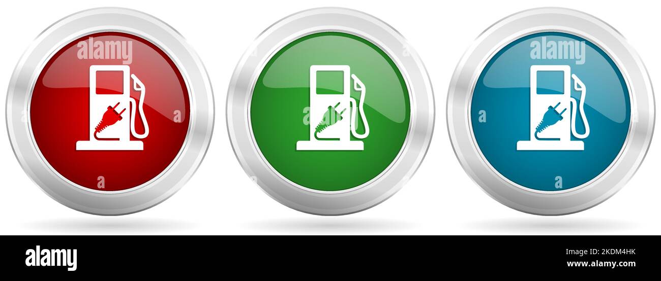Fuel vector icon set. Red, blue and green silver metallic web buttons ...