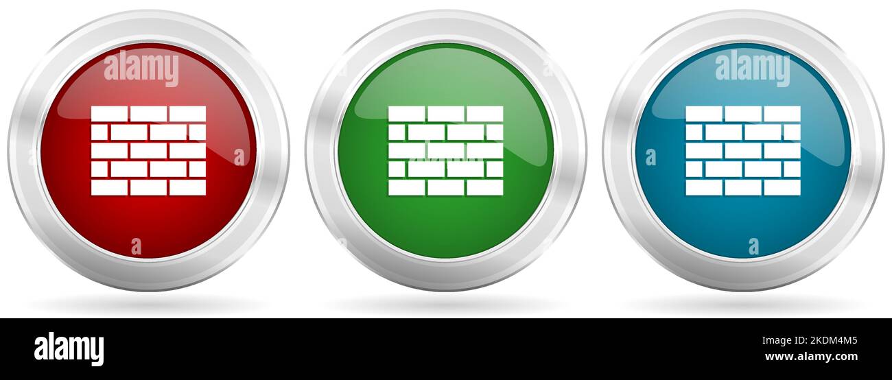 Brick wall, building vector icon set. Red, blue and green silver ...