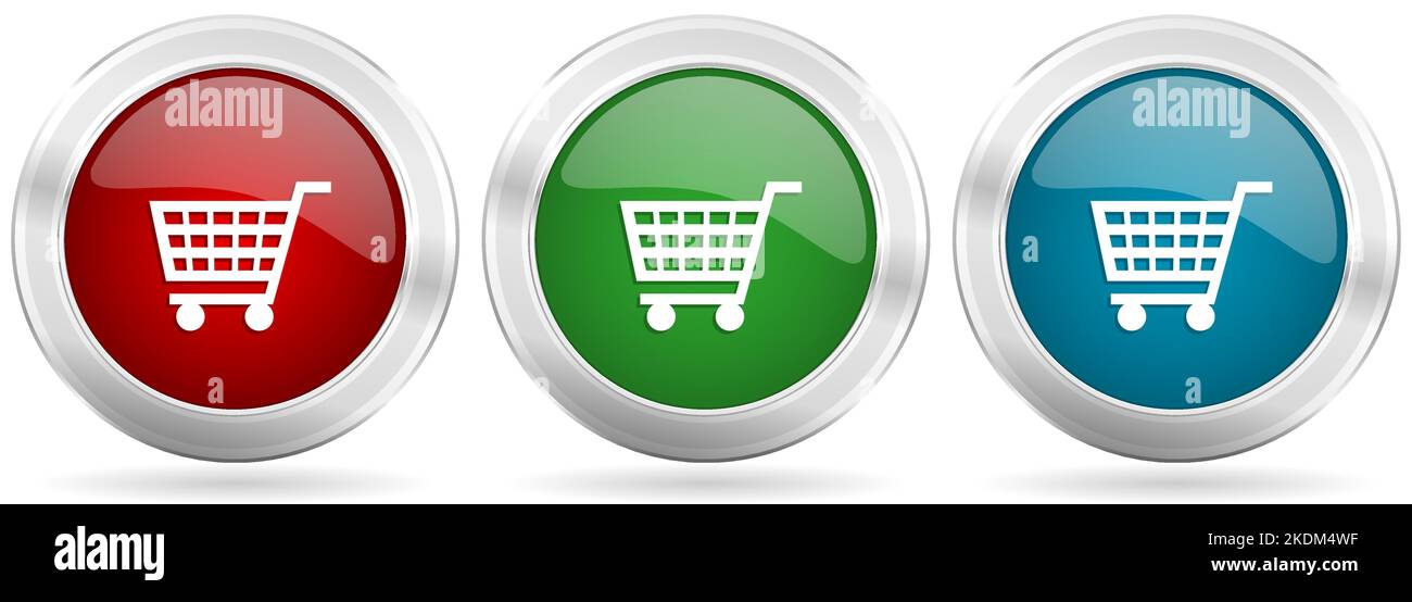 Shopping cart, shop, trolley vector icon set. Red, blue and green ...