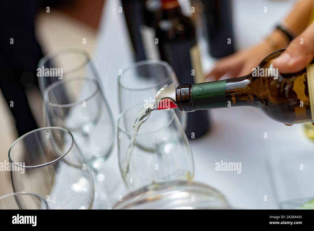 Wine. Glass of wine. Hands serving bottles of wine in transparent ...
