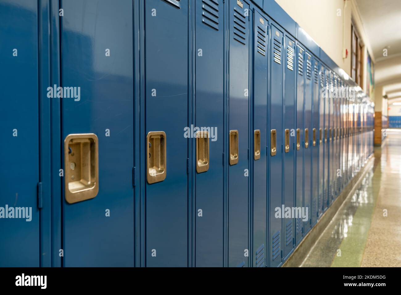 Photo of a blue metal lockers along a nondescript hallway in a typical ...