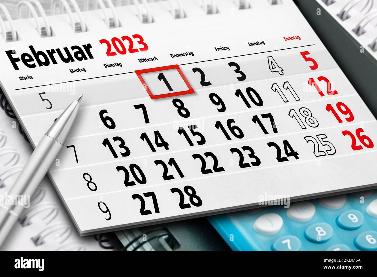 German calendar 2023 February 1 and calculator Monday Tuesday Wednesday ...