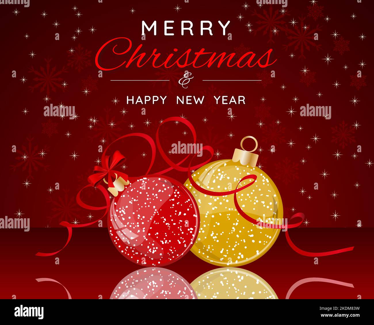 Christmas banner with two balls reflected on a shine surface. Christmas ...