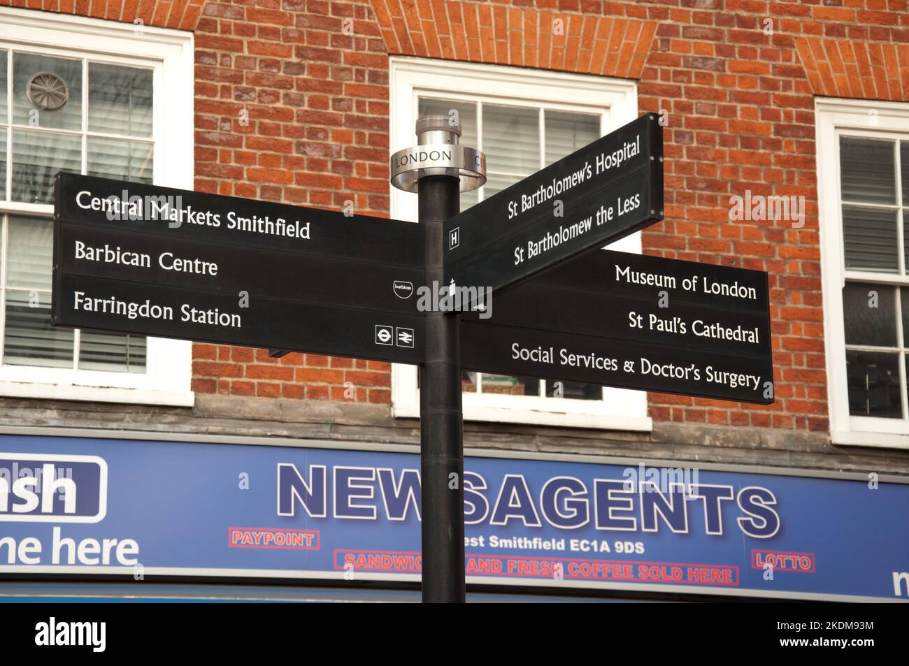 Signpost, Clerkenwell, London with many key sites indicated: Smithfield ...