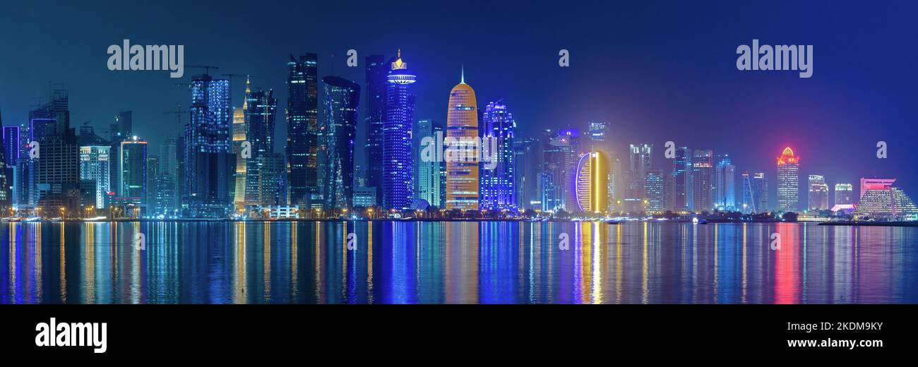 Doha, Qatar- May 5,2022 : Doha skyline with many towers during the ...