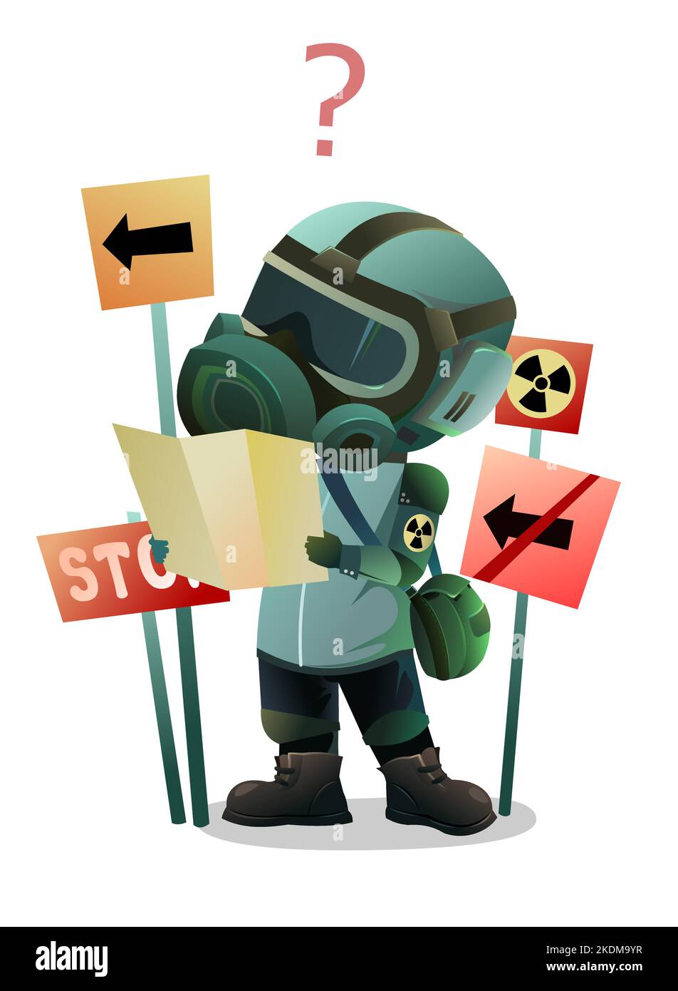 Man in gas mask looking for way among prohibition signs. Character in ...