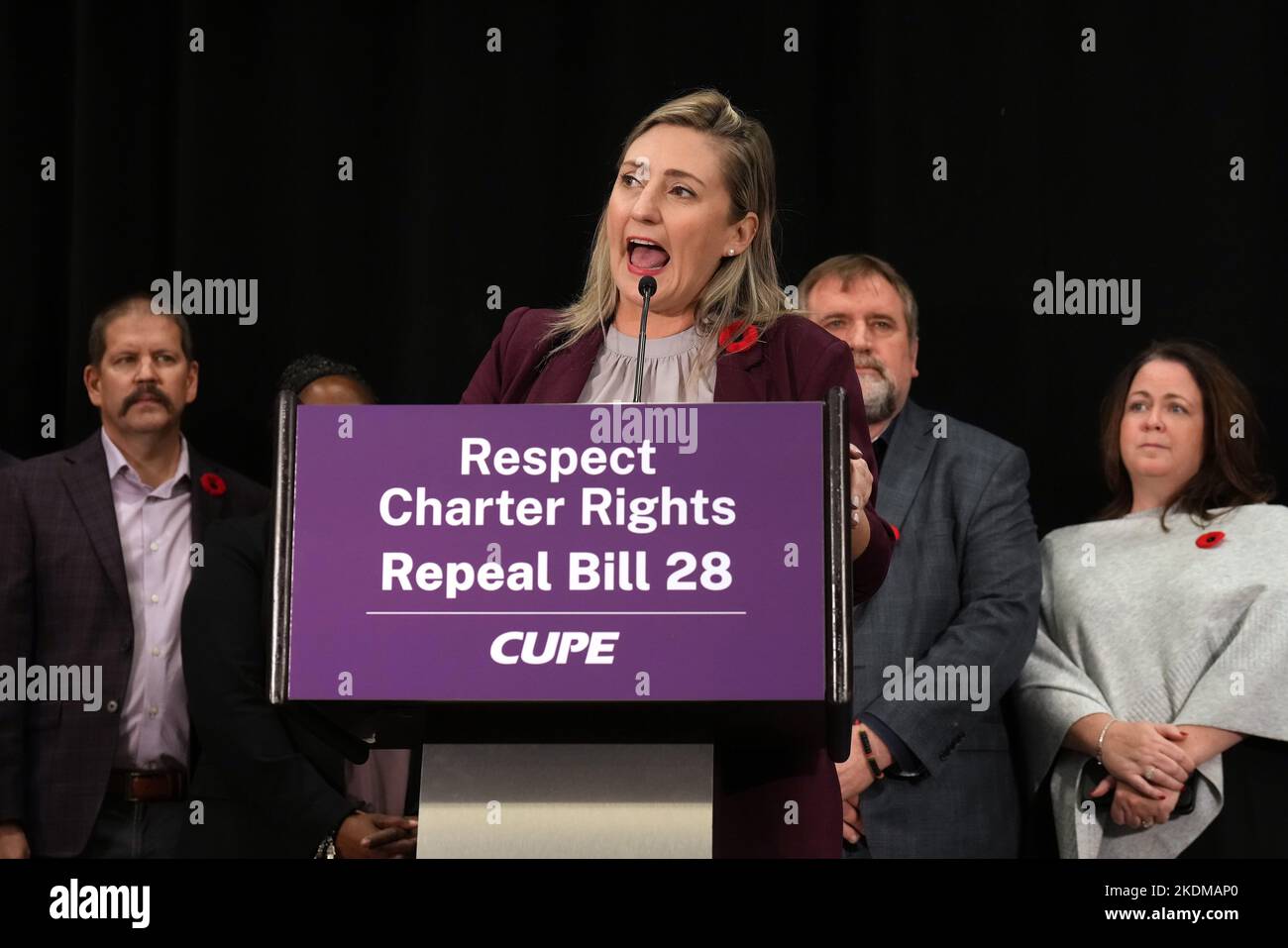 CUPE-OSBCU president Laura Walton speaks at a press conference in ...