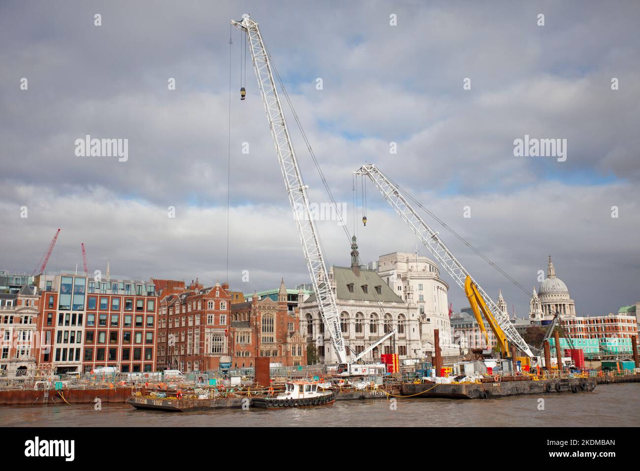 Floating construction platforms on the river thames. London England ...