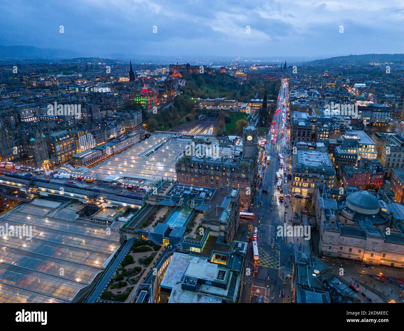 Aerial view of Edinburgh city centre skyline at dusk, Scotland, UK ...