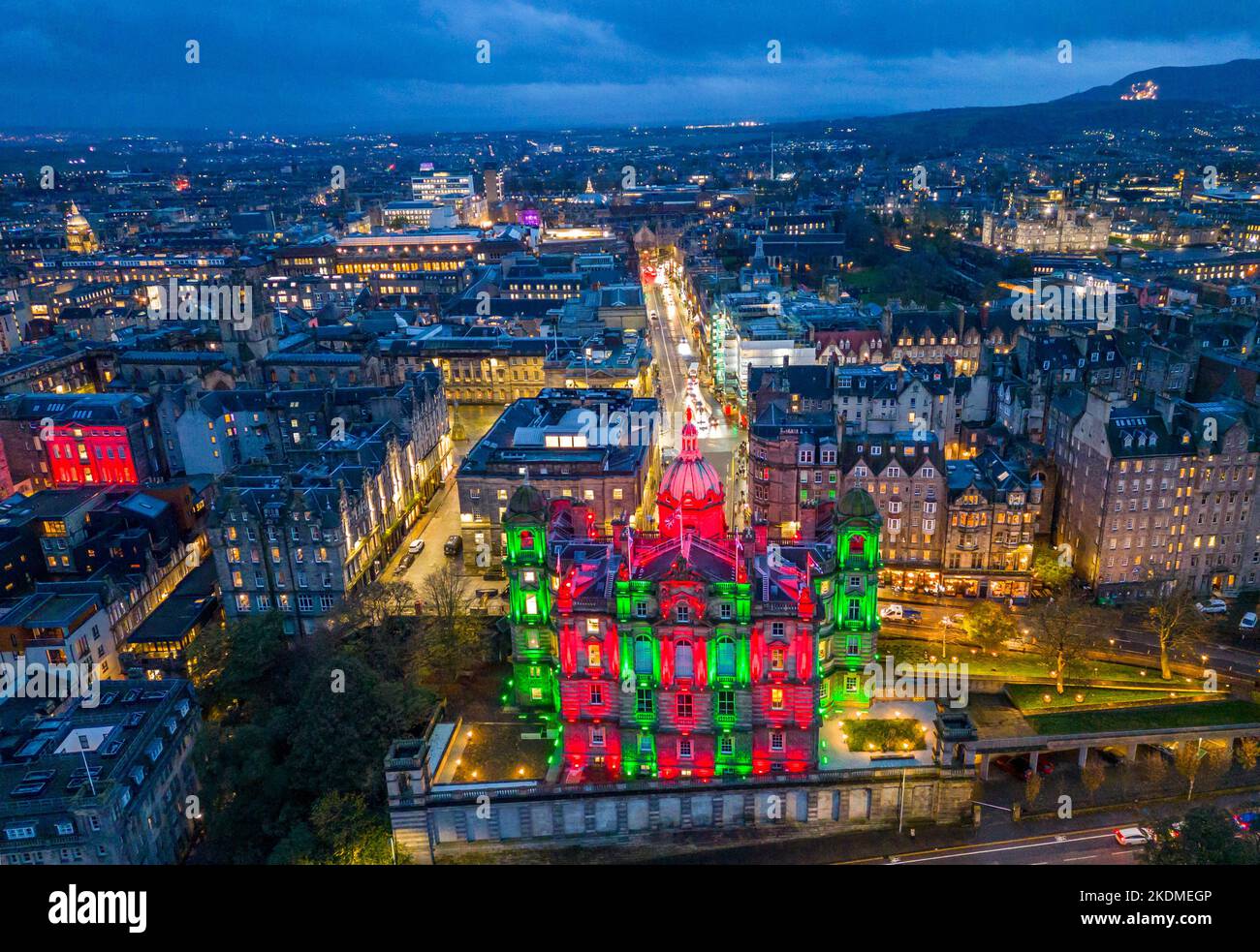 Aerial view from drone of Bank of Scotland in the Old Town of Edinburgh ...
