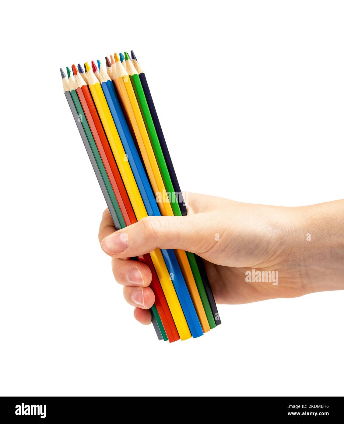 Colored pencils bunch in hand isolated on white background. High ...
