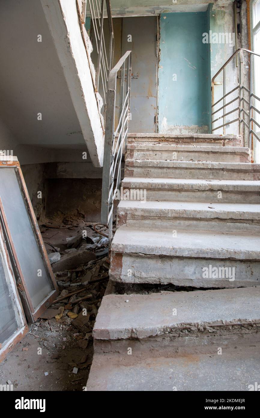 View of a ruined staircase inside a residential building Stock Photo ...
