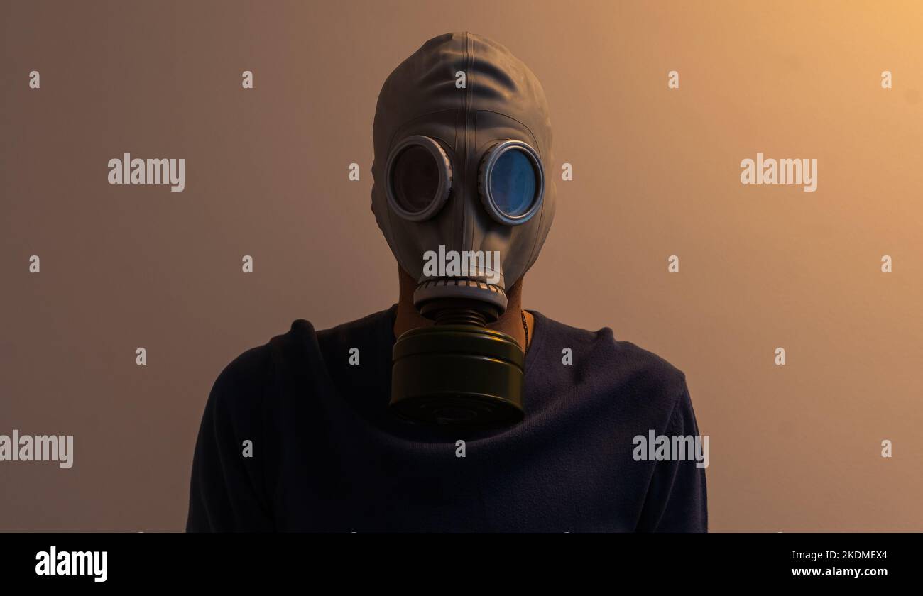 Close-up portrait of his he nice professional disinfectant wearing gas ...