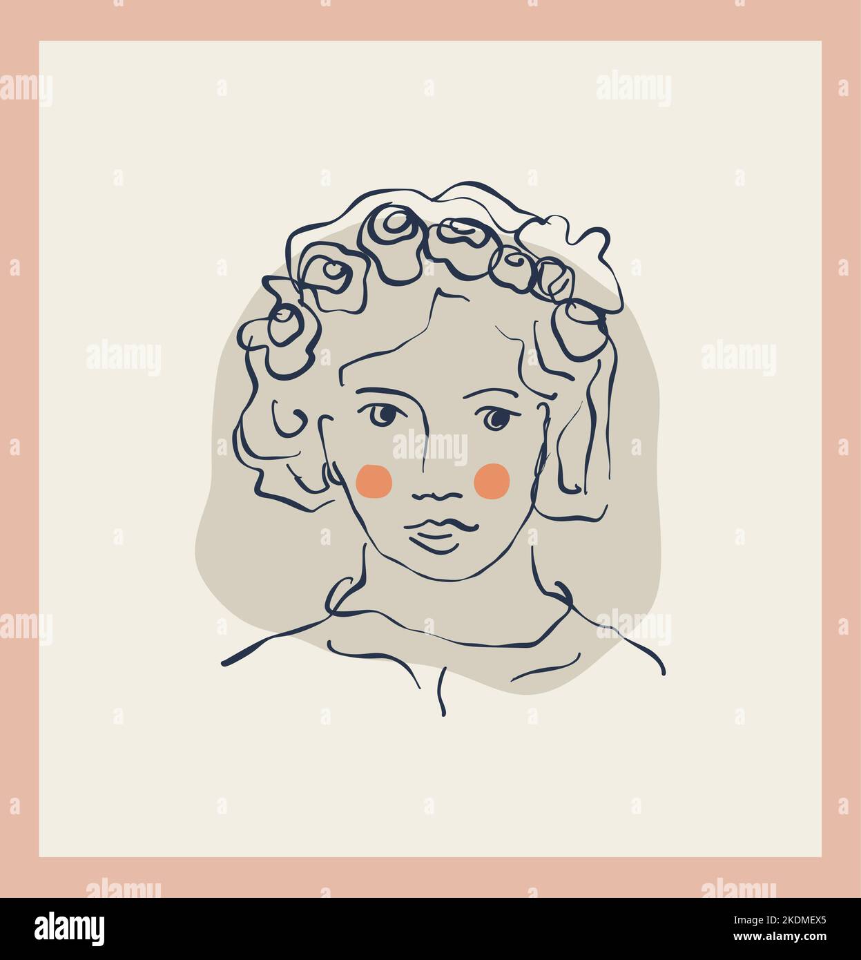 Female portrait with flower vector single clipart. Framed drawing of ...