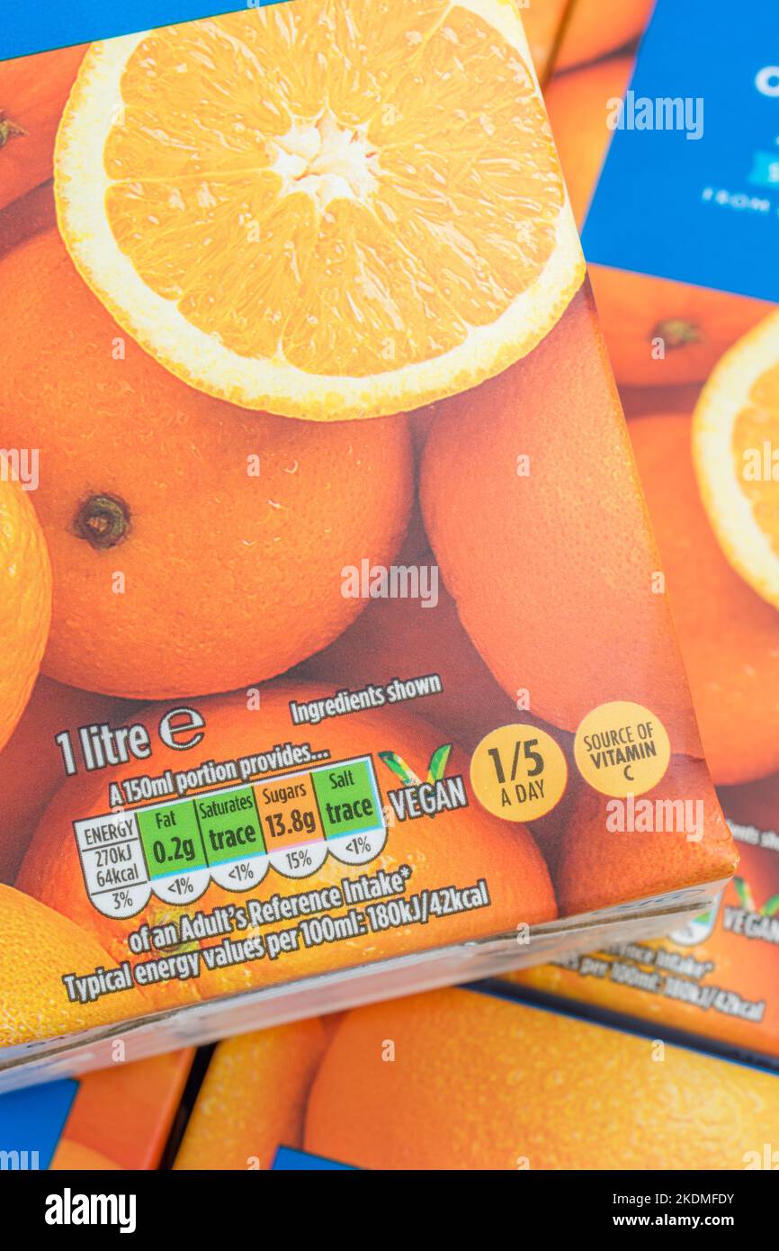 Morrison's orange juice cartons & labelling: showing sugar ...