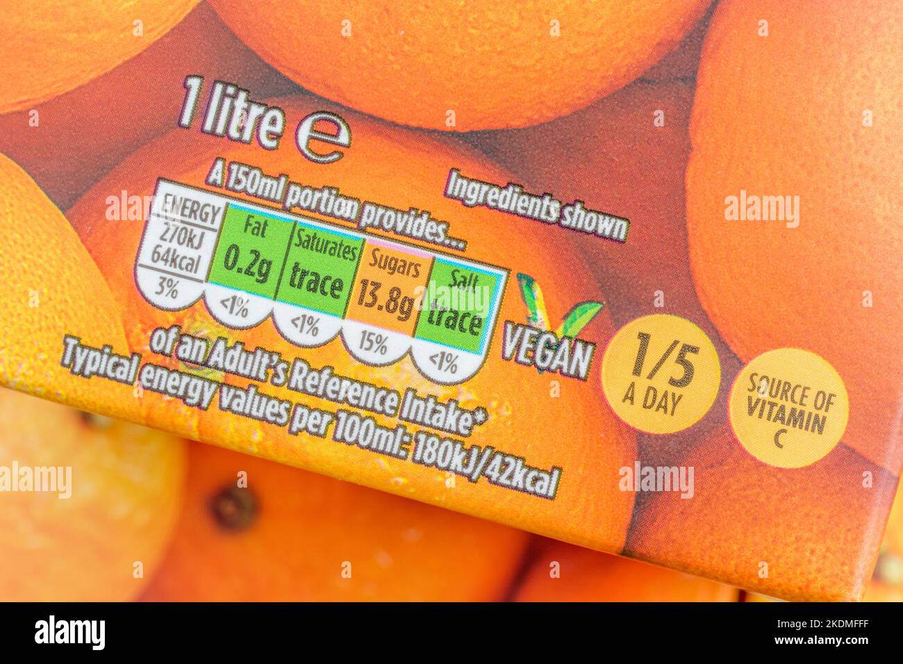 Morrisons Orange Juice Cartons And Labelling Showing Sugar Carbohydrate Content For Own Label