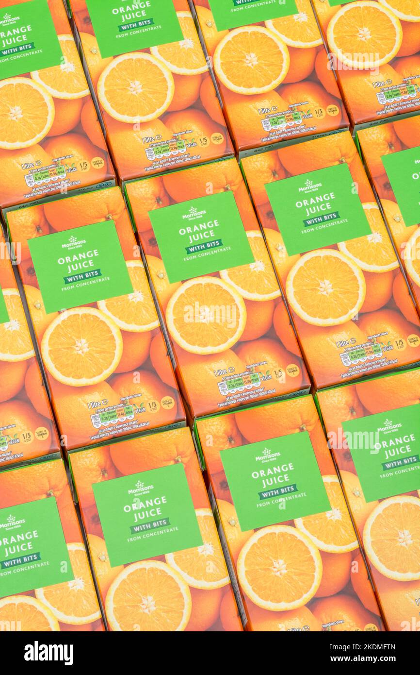 Morrison's orange juice cartons & labelling: showing sugar ...