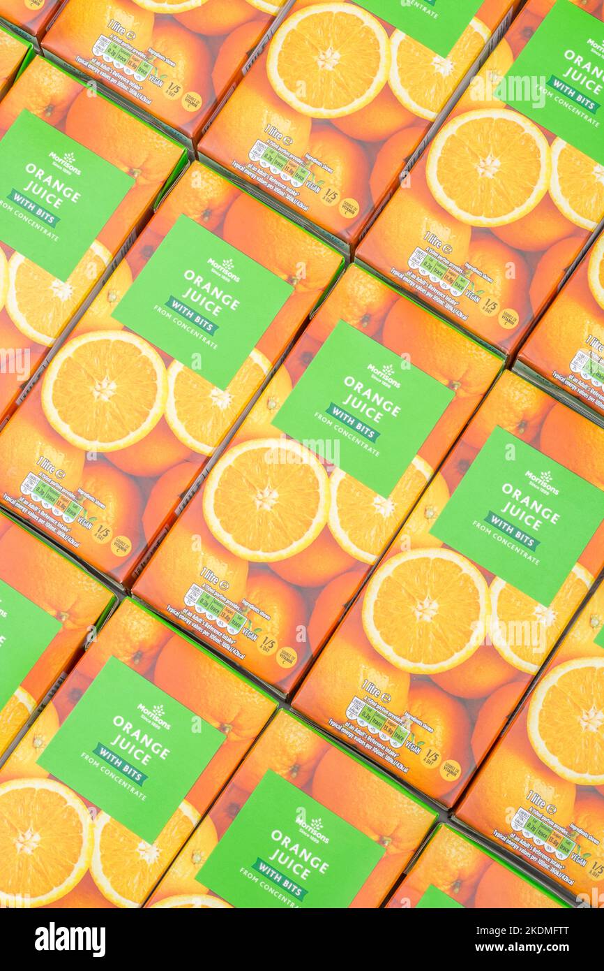Morrison's orange juice cartons & labelling: showing sugar ...