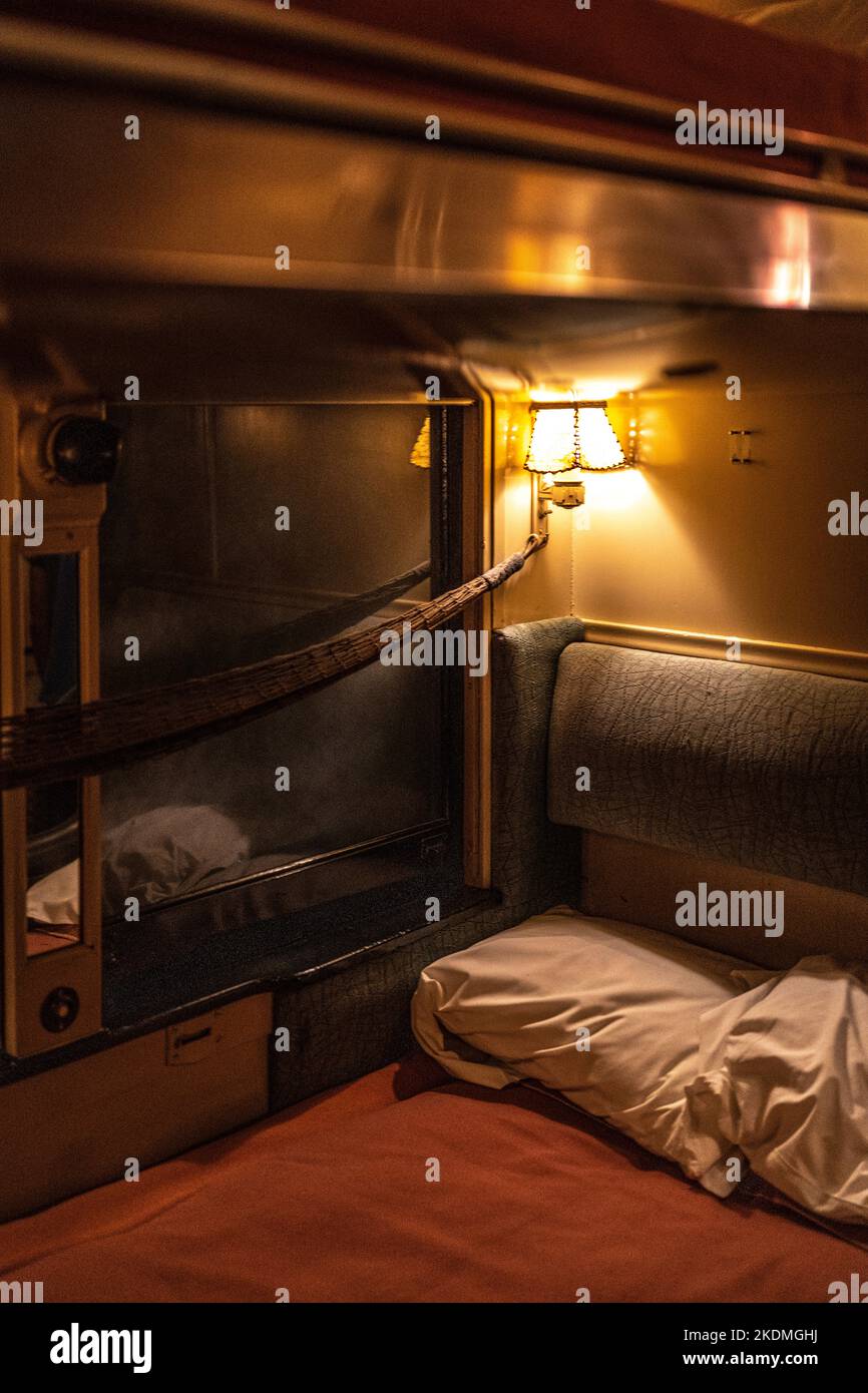 lower berth or bed has been opened so the passenger can sleep Stock ...