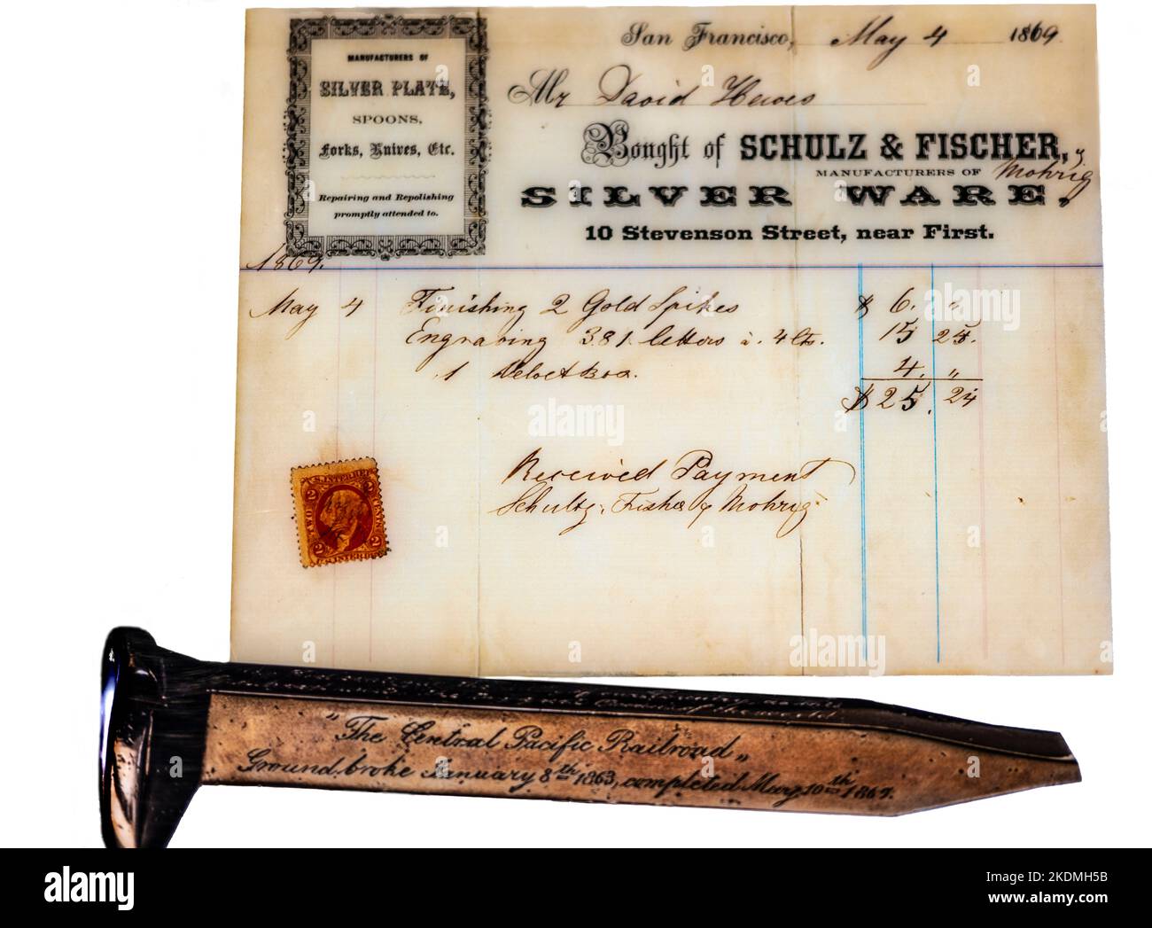 Bill of sale for two gold spikes. Along with one of the two spikes ...